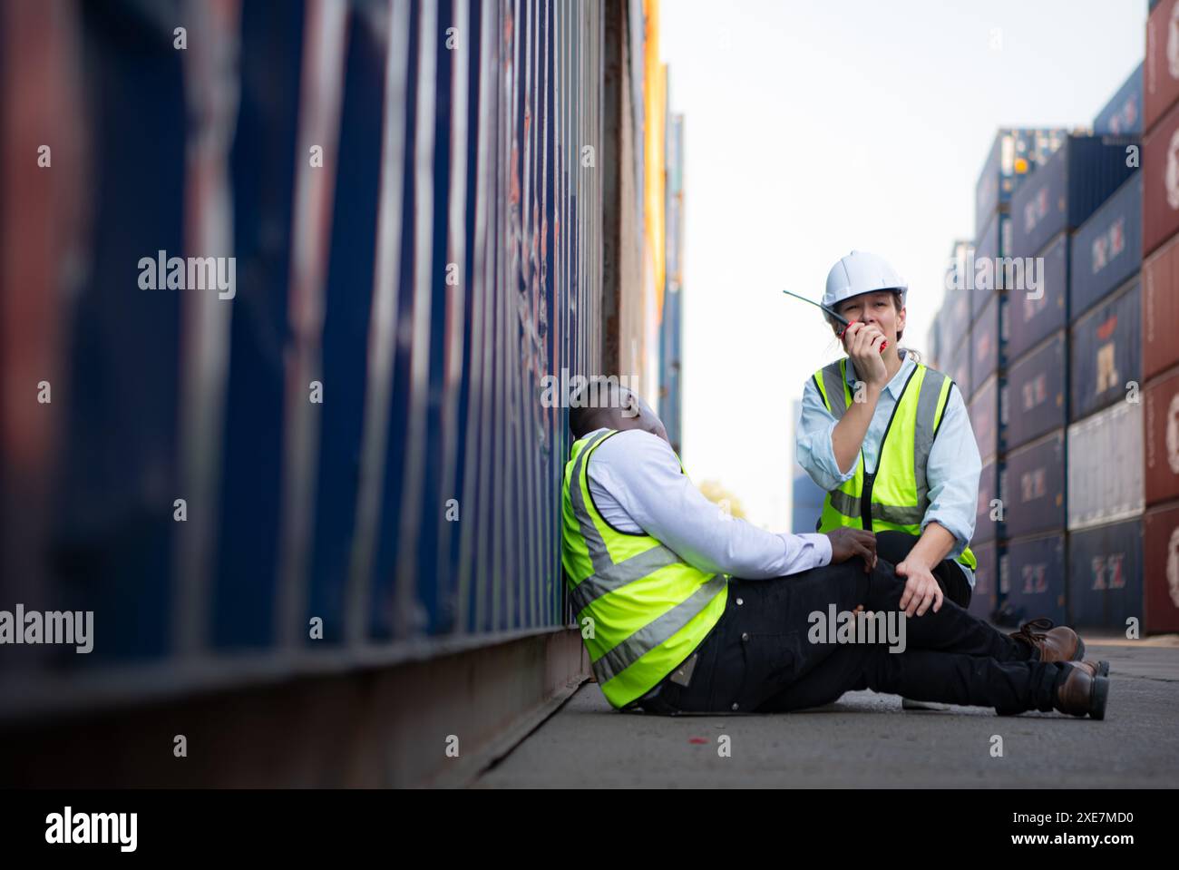A guy worker was involved in a leg accident in a container storage yard ...