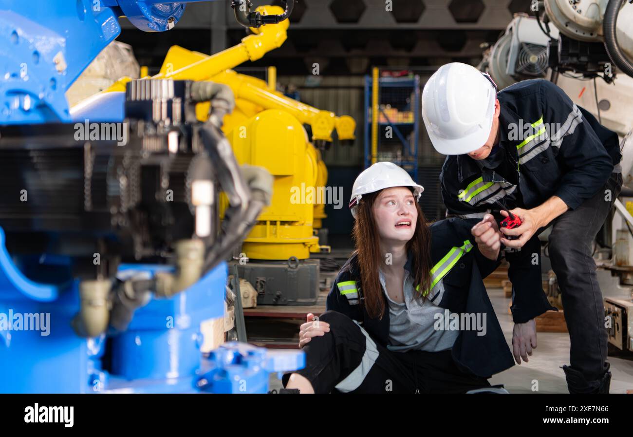 A female worker suffered a leg accident while working in robotic arms ...