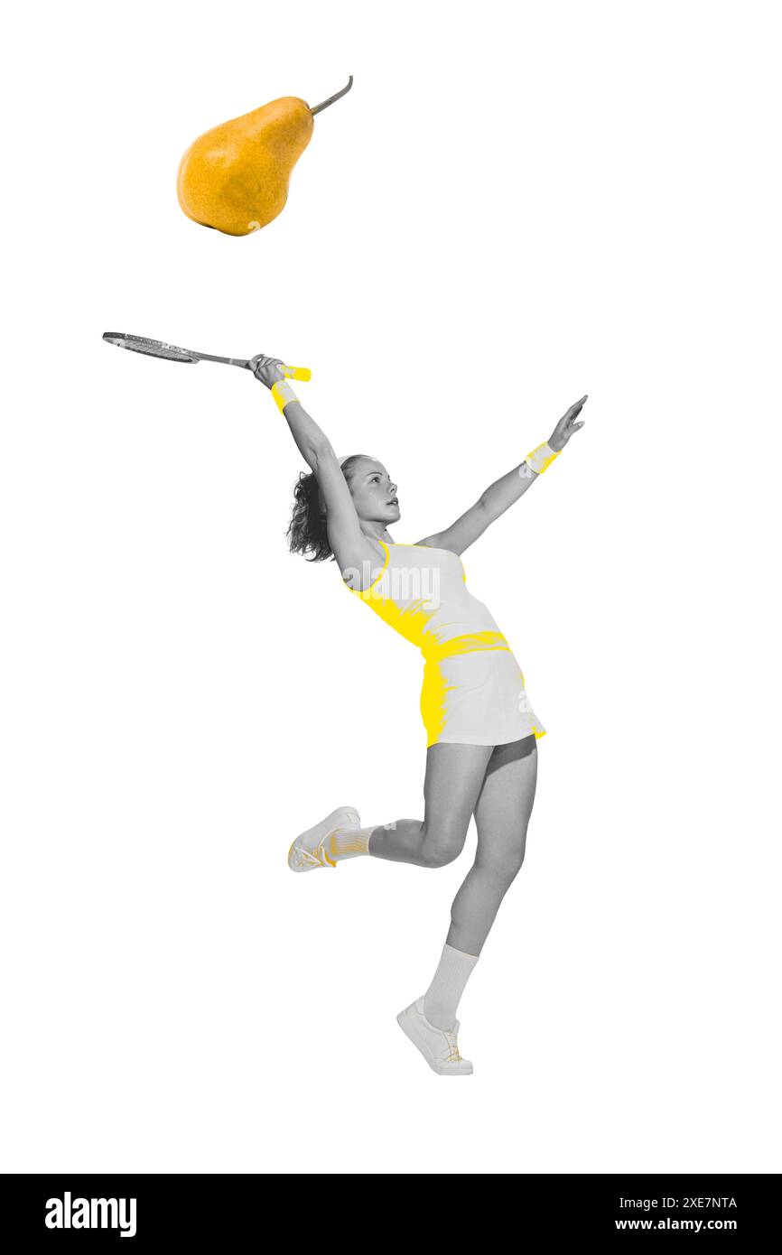 Poster. Contemporary art collage. Young athletic woman hitting pear ...