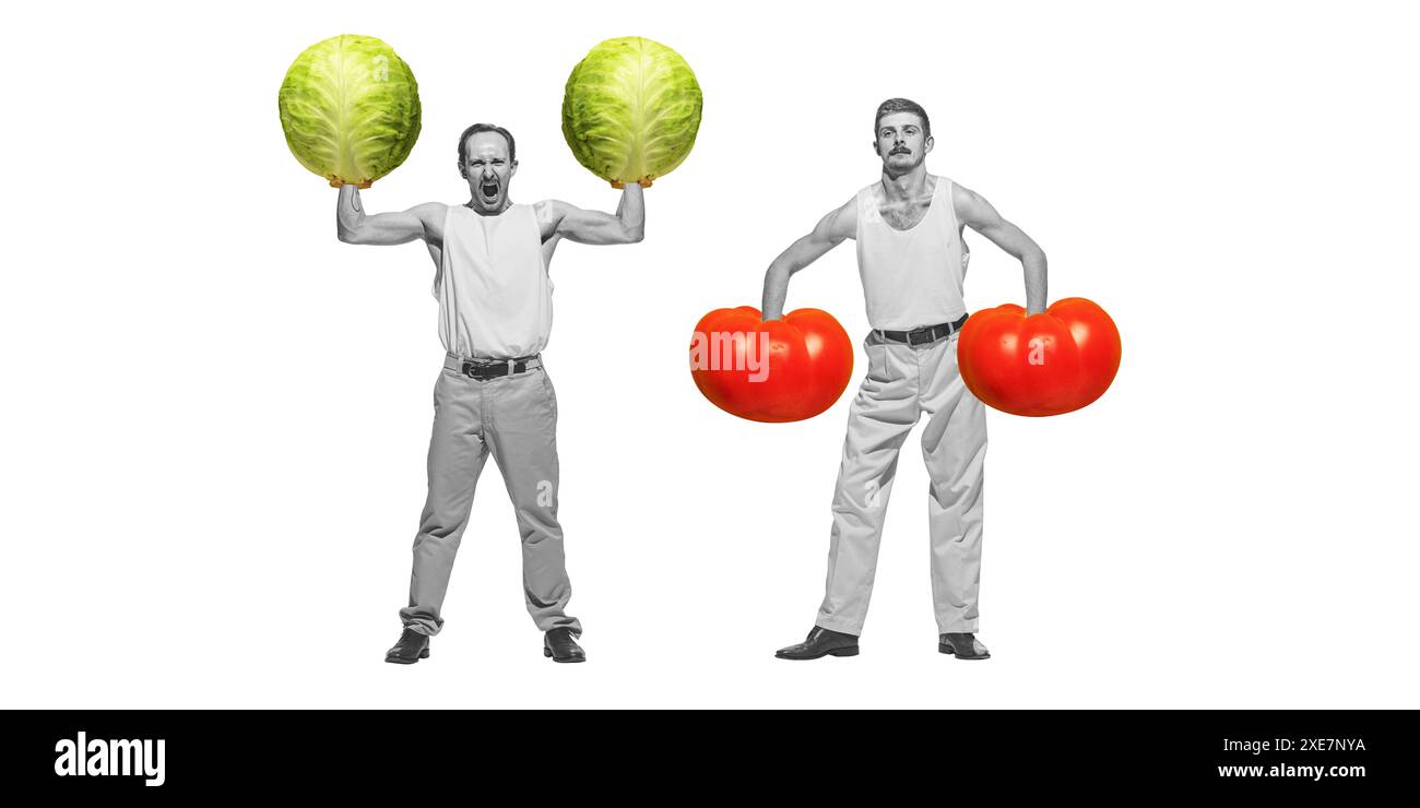 Poster. Contemporary art collage. Two competitive boxers posing in ...