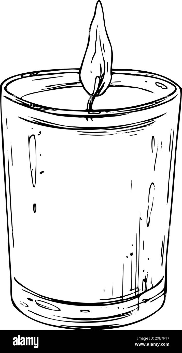 Decorative candle in a glass jar with fire flame. Watercolor ...