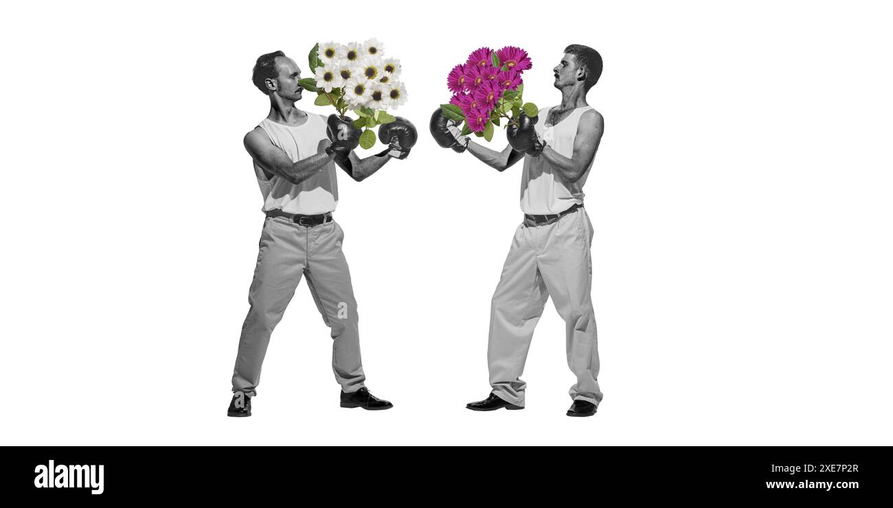 Poster. Contemporary art collage. Two boxers, dressed retro attire ...