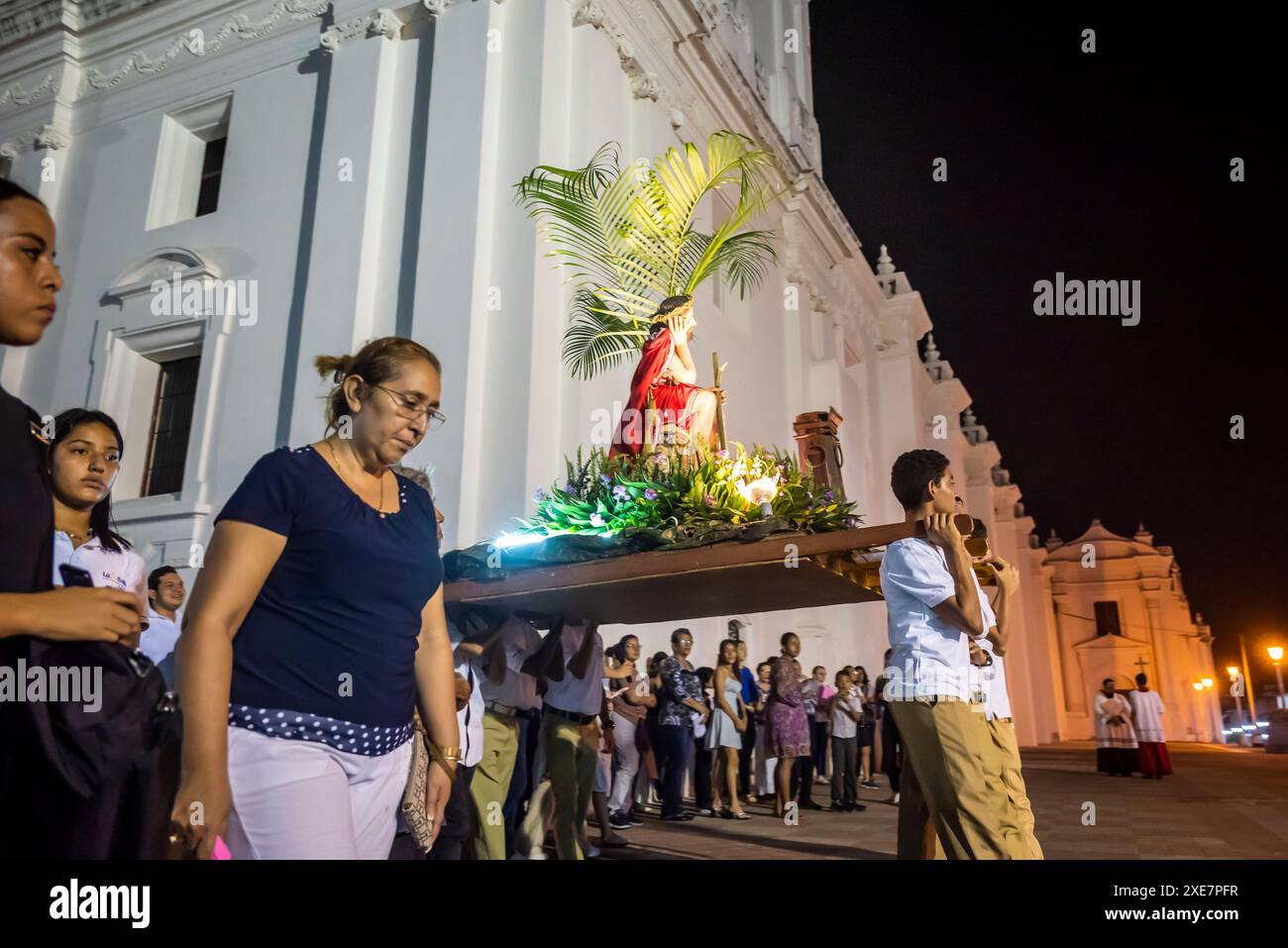 Pre-Easter procession during the Lent in front of Leon Cathedral, a ...