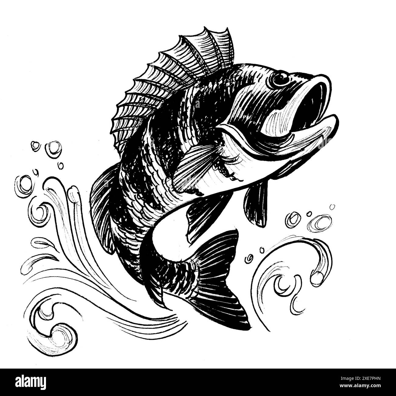 Jumping fish. Hand drawn retro styled ink black and white illustration ...