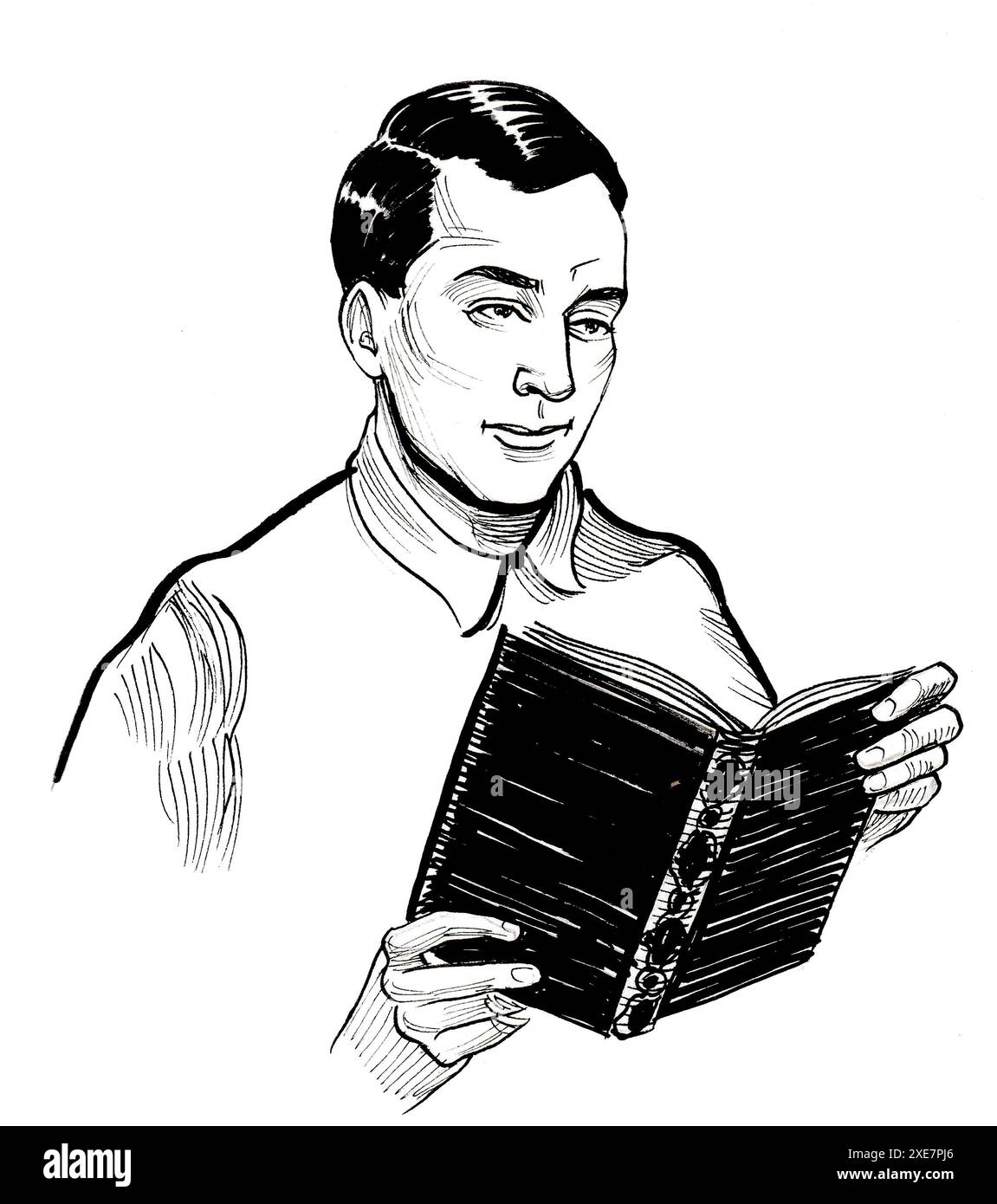 Man reading a book. Hand drawn retro styled ink black and white ...