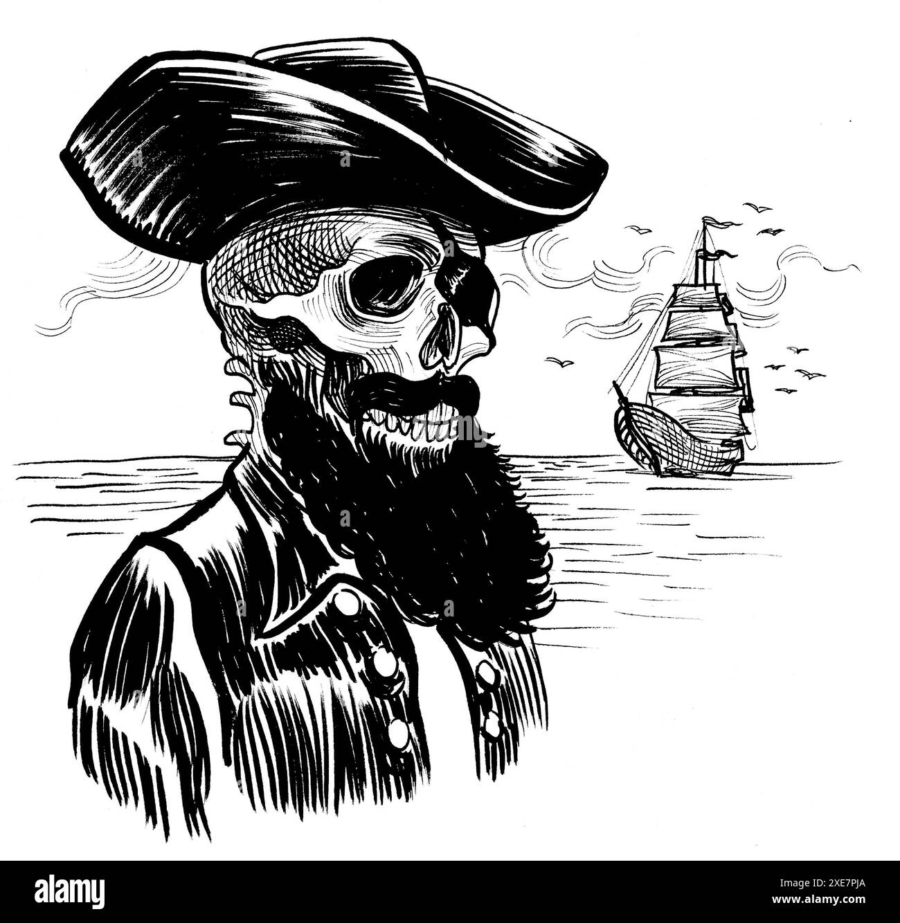 Dead pirate skeleton. Hand drawn retro styled ink black and white ...