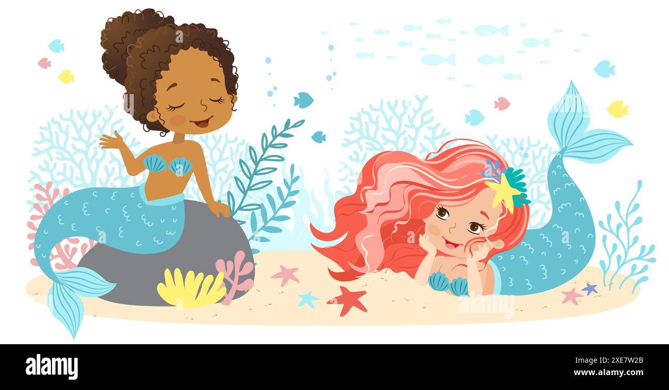 Hand drown vector illustration of Beautiful Girl Mermaid with with pink hair and mermaid African ...