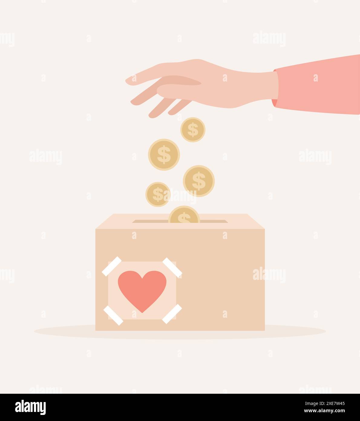 A hand pouring gold coins into a charity box with a heart sticker. Flat ...
