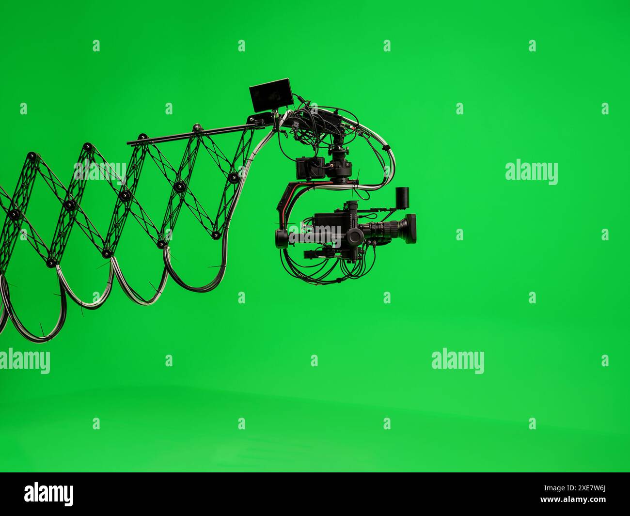 Camera on telescopic jib crane against green background. Empty TV ...