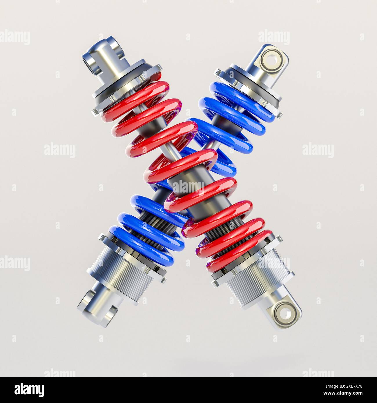 Two shock absorbers red blue springs crossing each other. 3d render ...