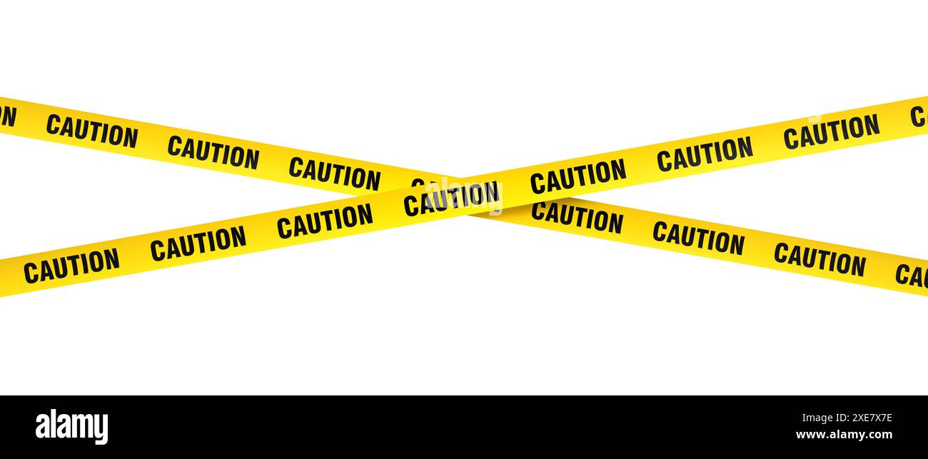 Yellow and black striped caution tape crossing isolated white ...