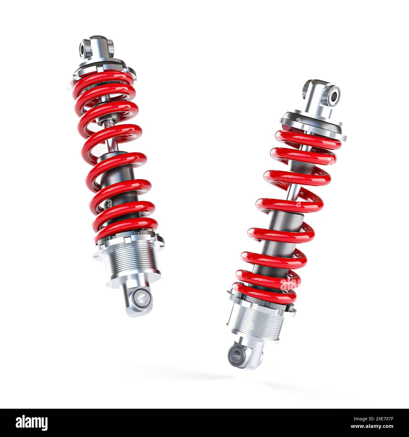 Two red shock absorbers standing white background vehicles part. 3d ...