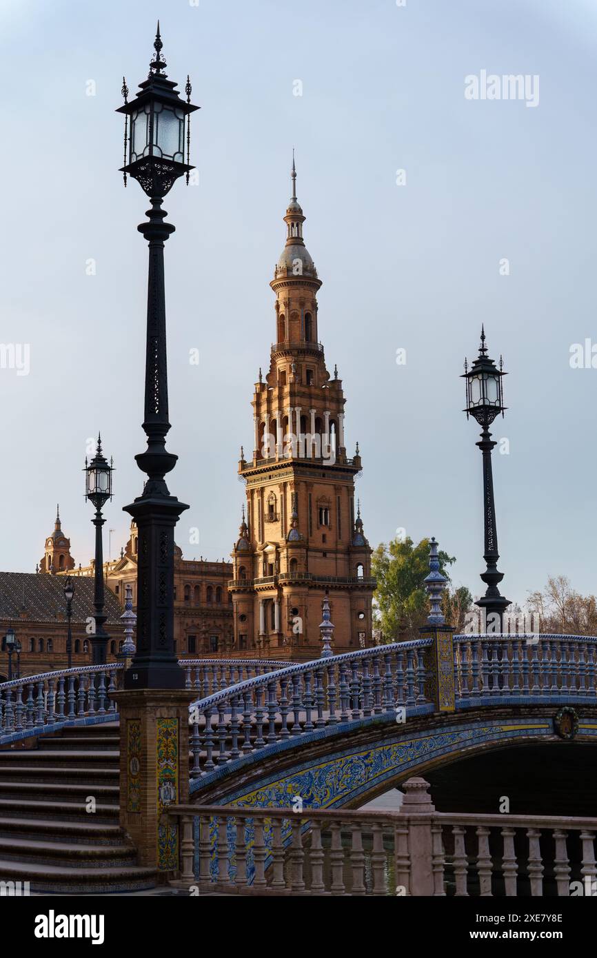 Torre Sur (south tower) and colorful bridges at Plaza de Espana in ...
