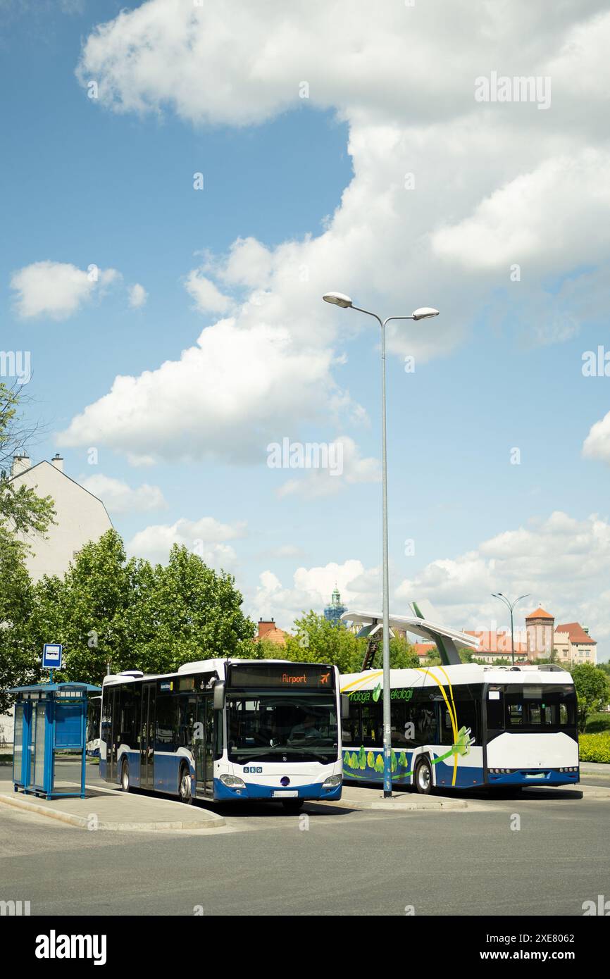 Buses stand at an empty bus stop waiting to depart Stock Photo - Alamy