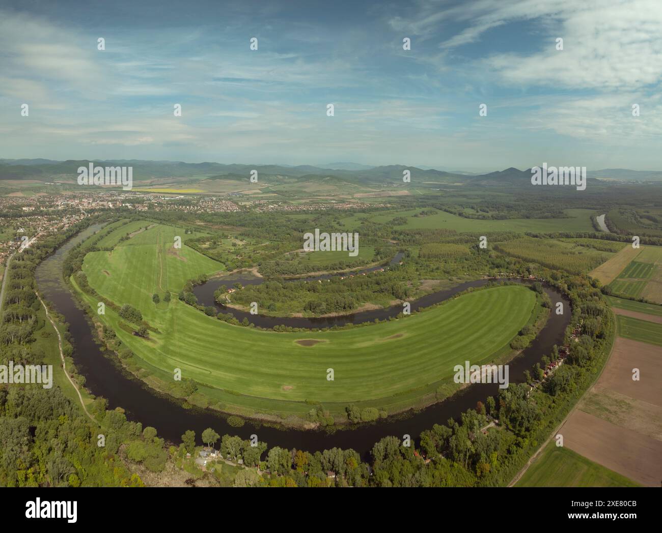 Panoramic aerial landscape about the curvy Bodrog river in South ...
