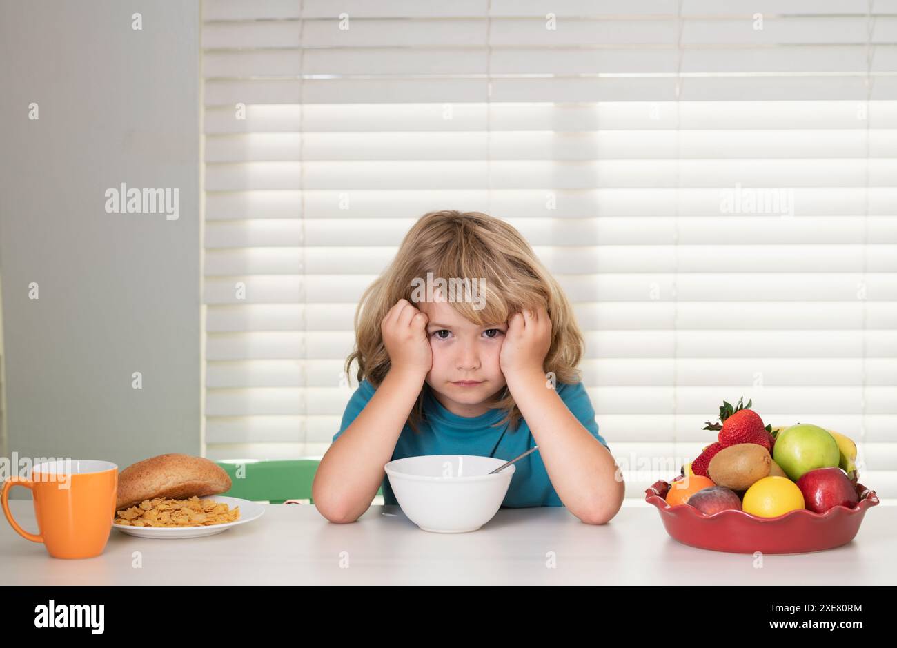 Portrait of child with no appetite. Concept of loss of appetite. Kid ...