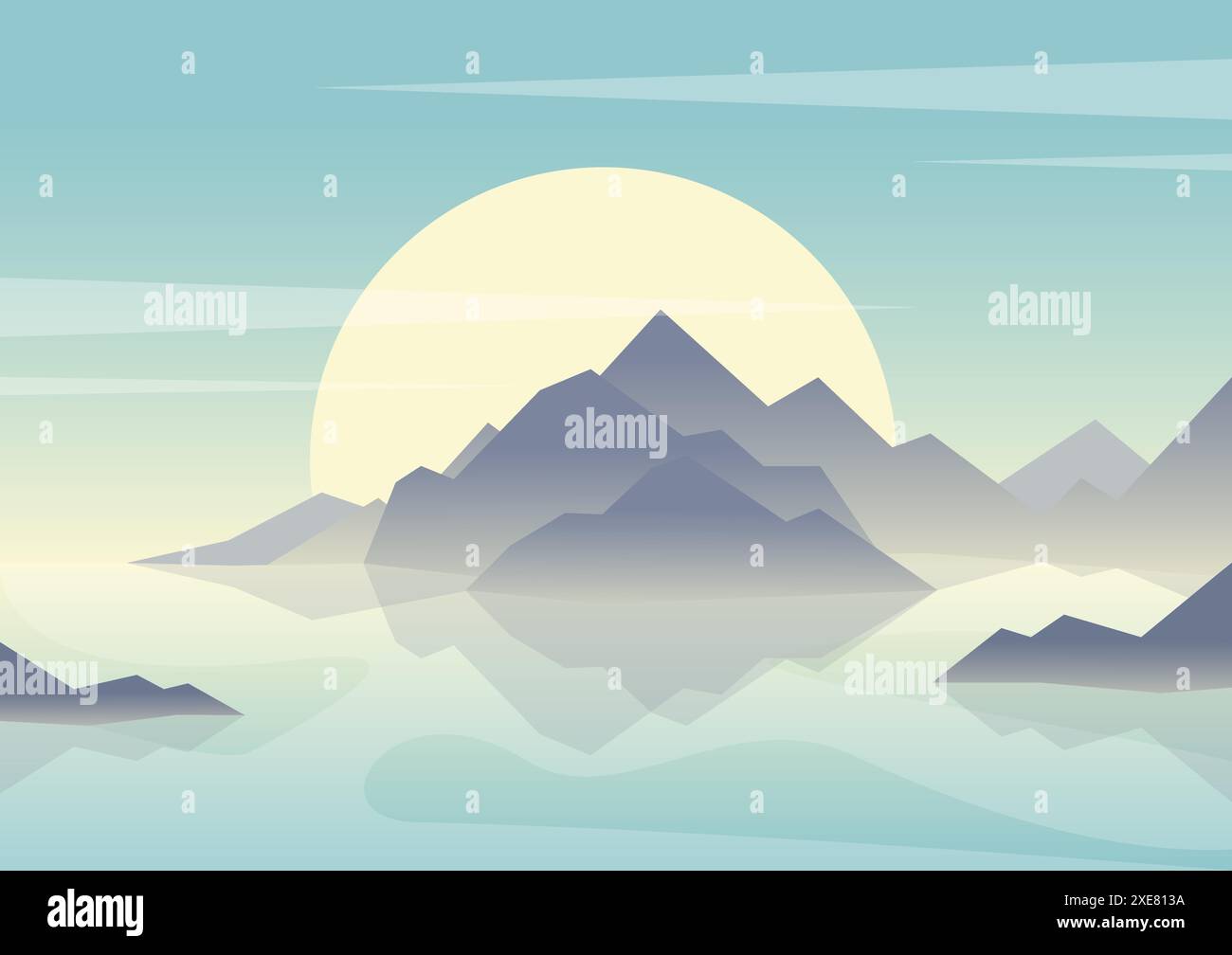 Morning landscape with spring sea vector poster. Massive rocks Alaska ...