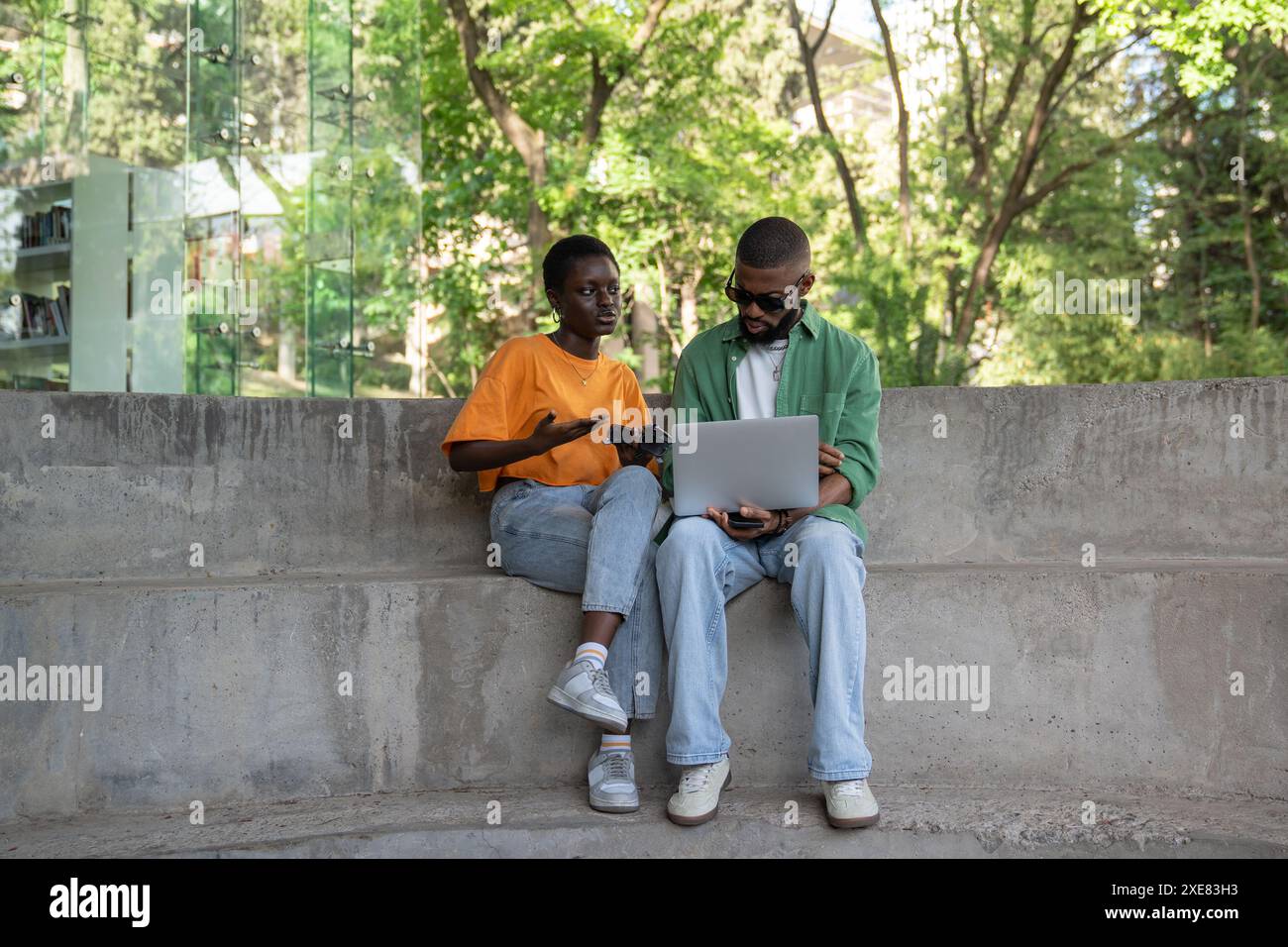 Interested couple black students girl and guy sit with laptop in ...