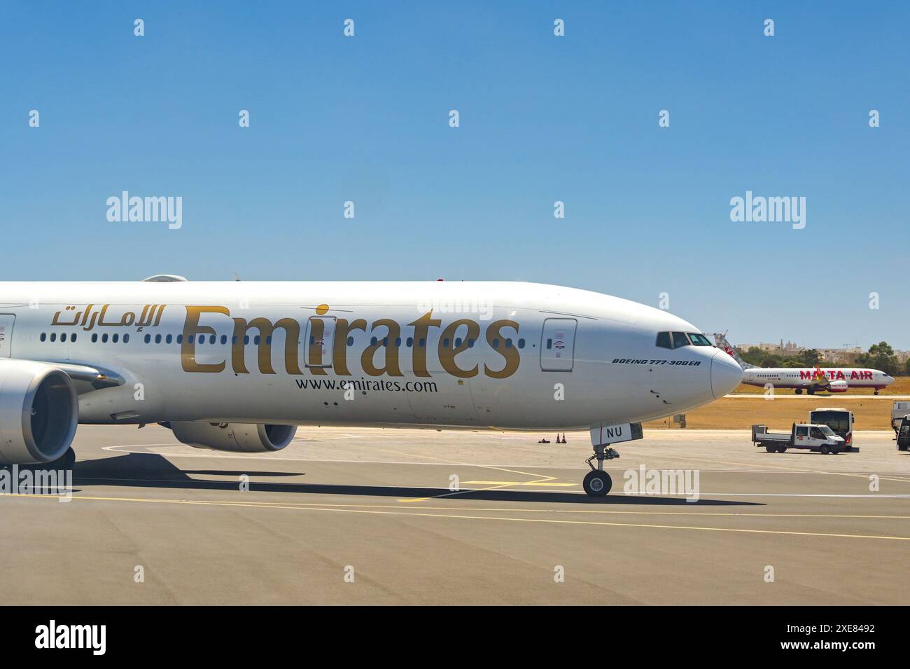 Luqa, Malta - 7 August 2023: Boeing 777 300 ER jet (registration A6-ENU ...