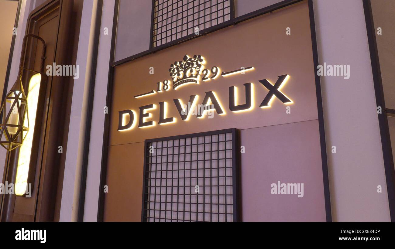 A photograph shows a logo of Delvaux at K11-Musea in Hong Kong, China ...