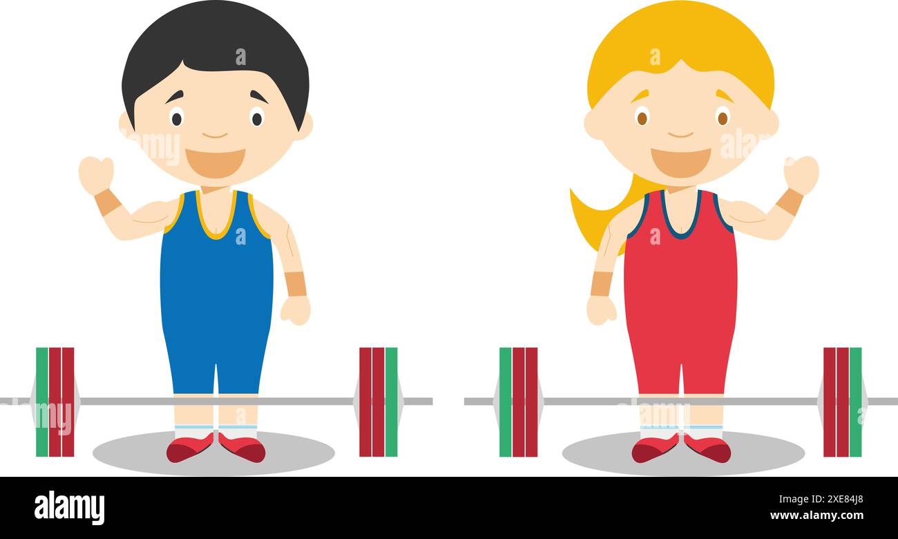 Sports vector illustrations: Weightlifting male and female cartoon ...