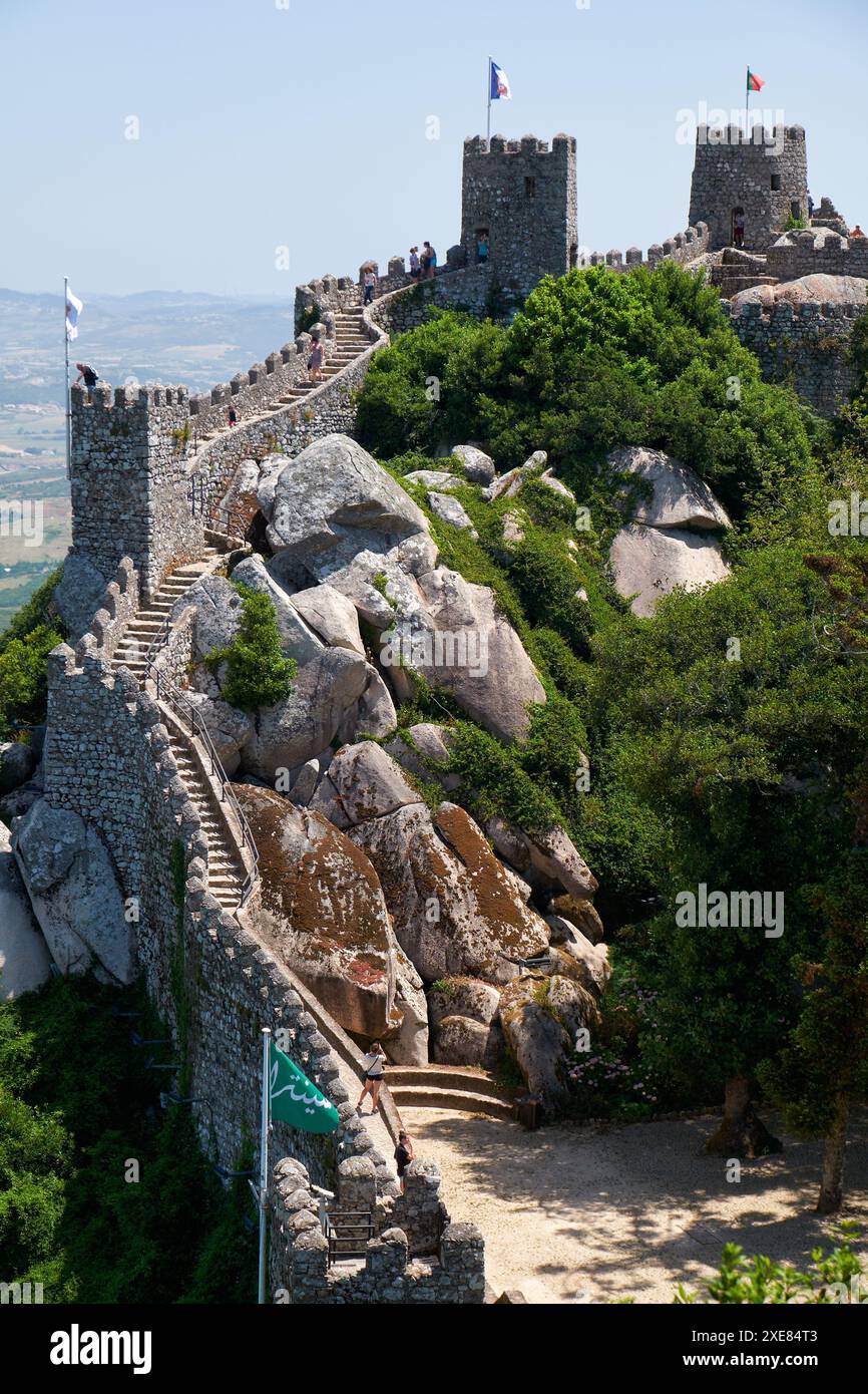 Keep towers and long curtain walls of Moorish Castle. Sintra. Portugal ...