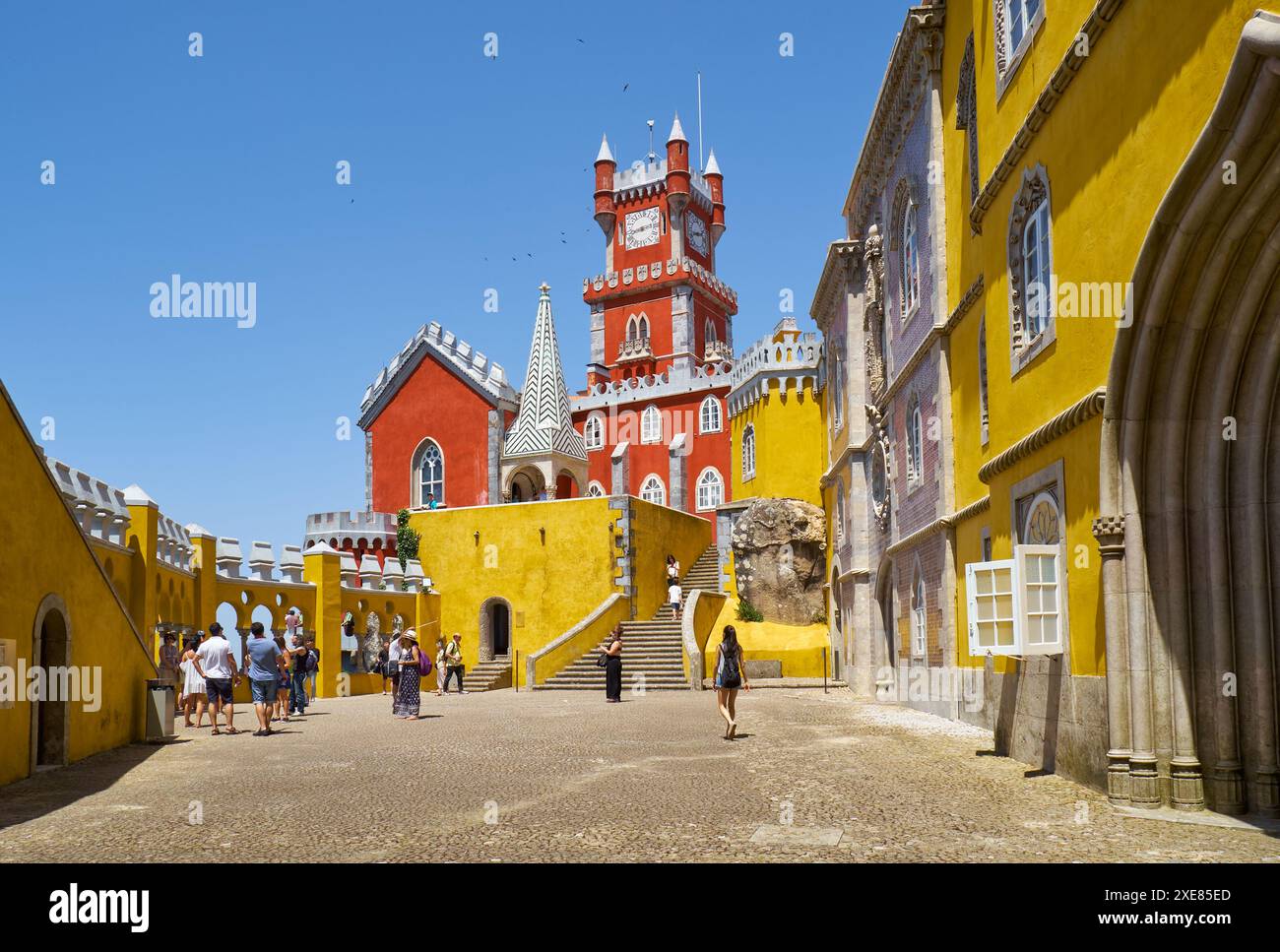 The arches terrace, chapel and clock tower of Pena Palace. Sintra ...