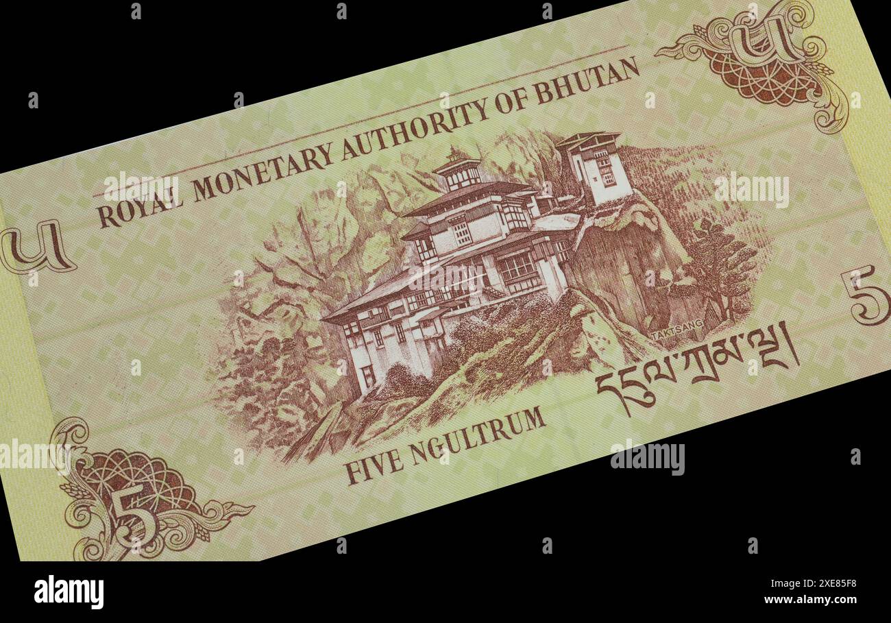 5 Ngultrum banknote printed by Bhutan, that shows Taktsang Monastery ...