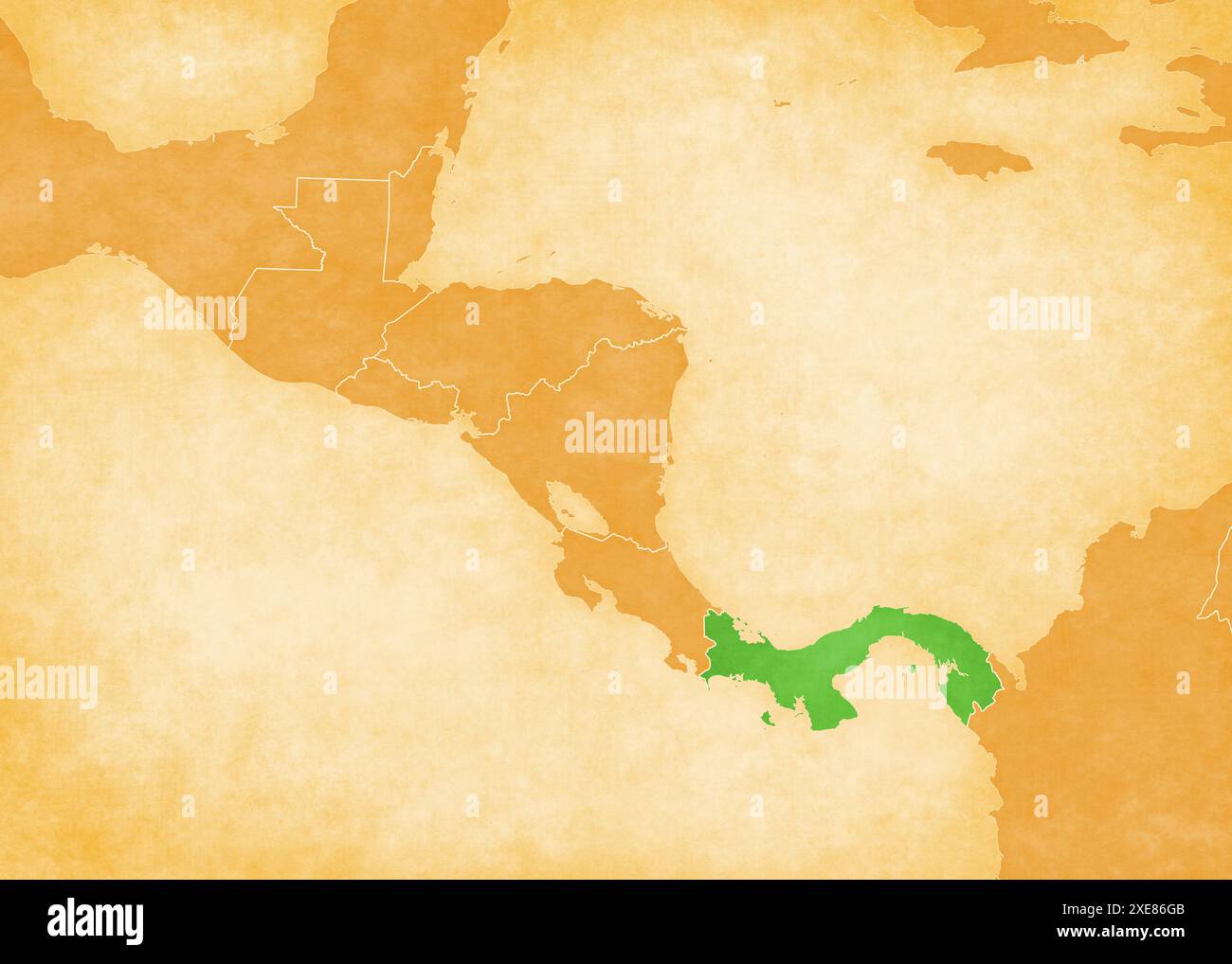 Panama on an ocher retro map of Central America on old vintage paper ...