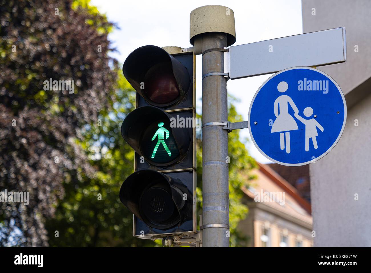 Street pedestrian traffic light for crossing the road with a burning ...