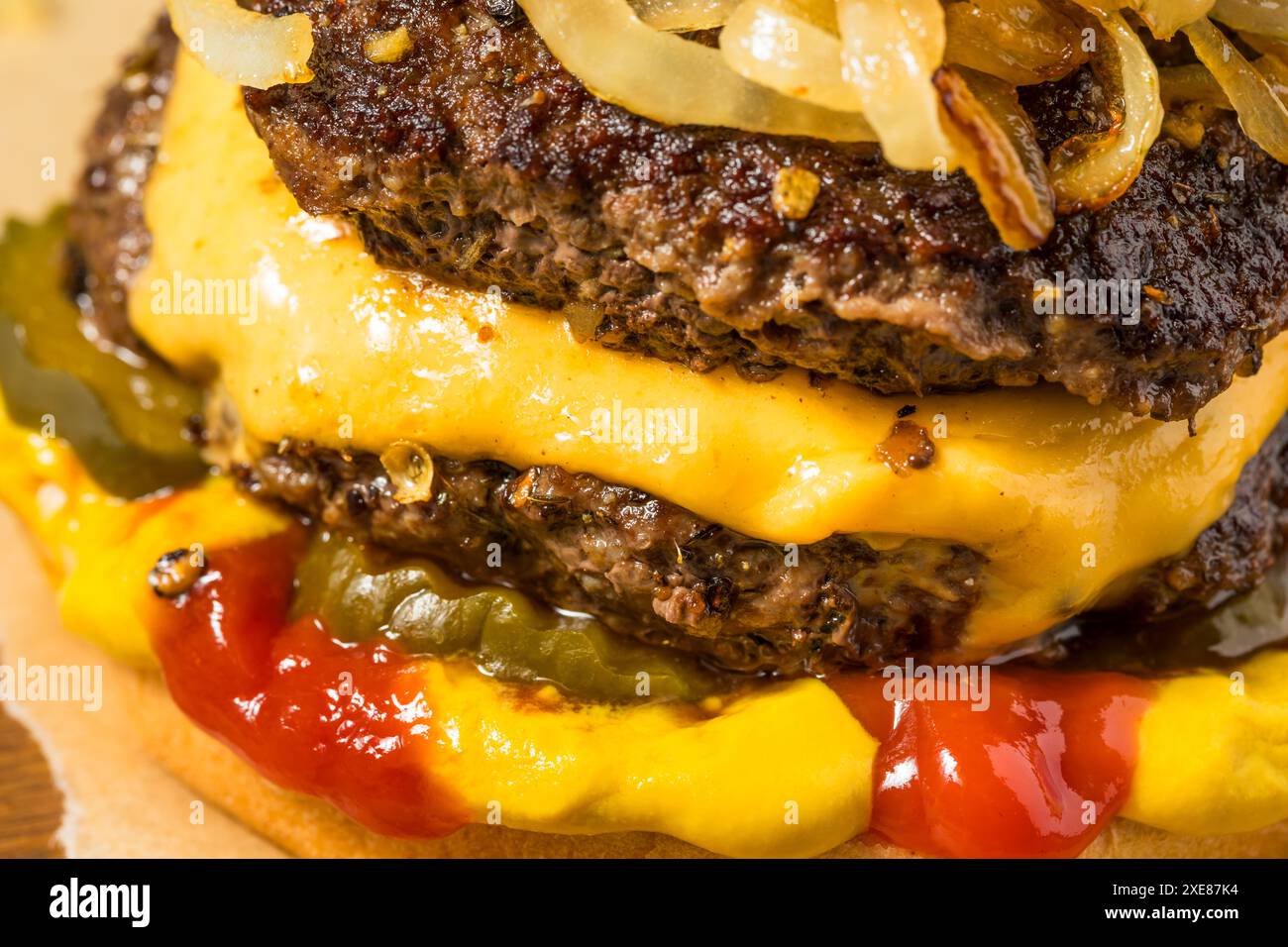 Homemade Chicago Big Baby Cheeseburger with Pickles and Onions Stock ...