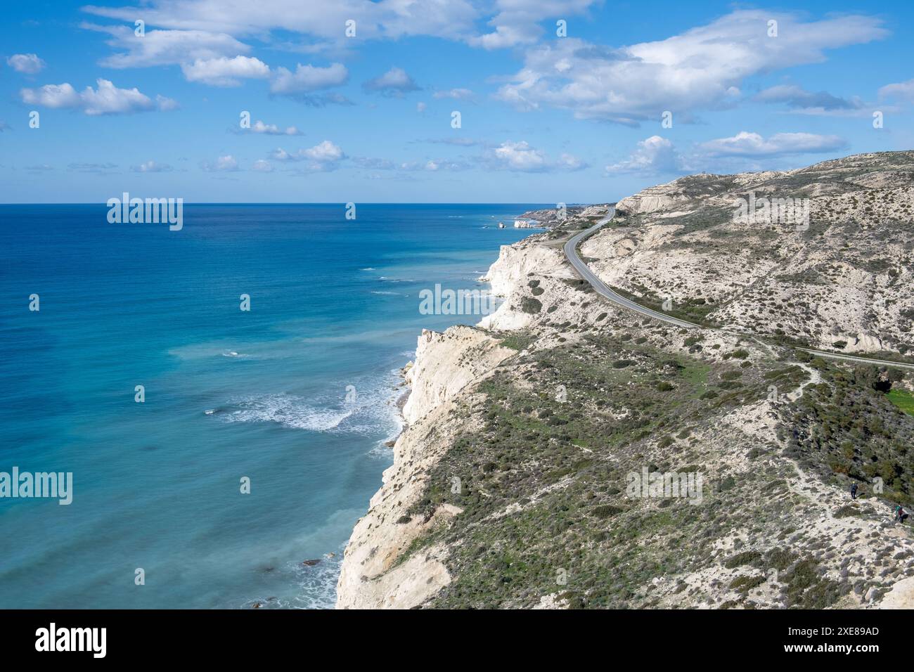 Drone aerial coastline route scenic. Blue sea cloudy sky. Paphos Cyprus ...