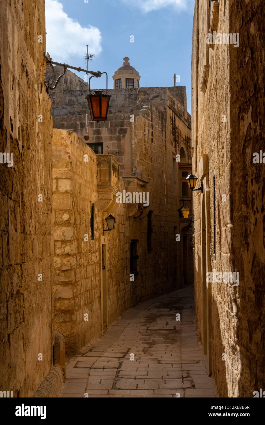 Typical yellow-ochre limestone buildings in the old town of Mdina in ...
