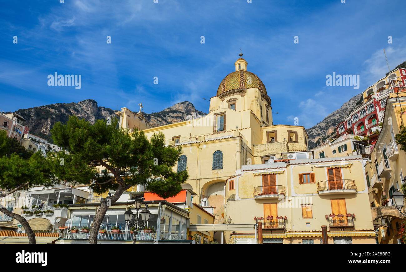 Positano: the dome of the church of Holy Mary of the Assumption Stock ...