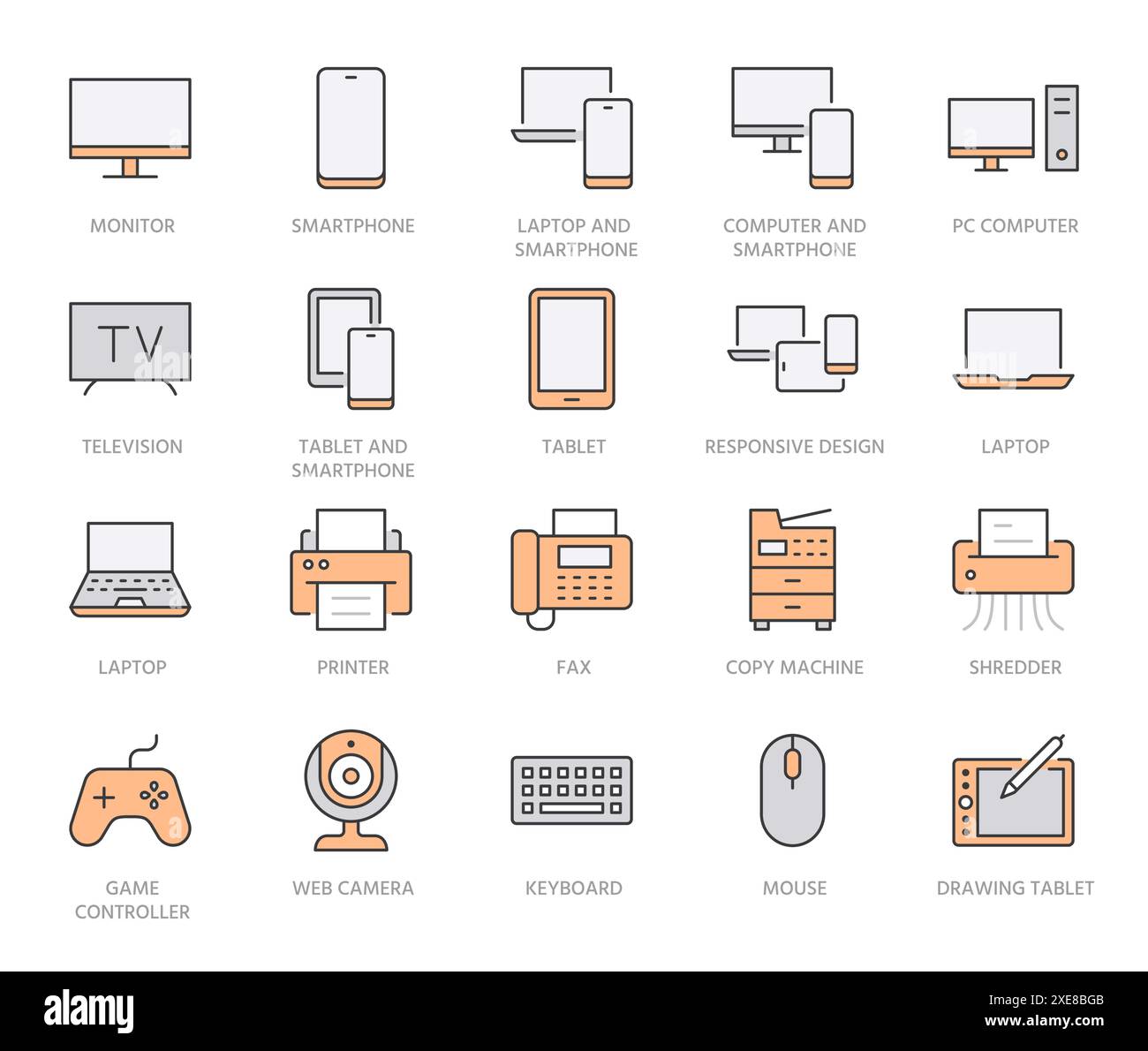 Devices line icons set. Computer, laptop, mobile phone, fax, scanner ...