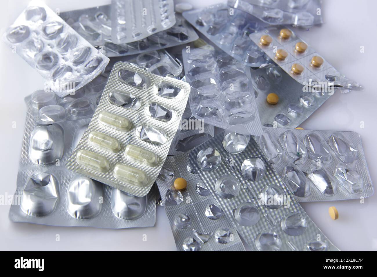 View image of used empty blister packs. Group of heap of prescription ...