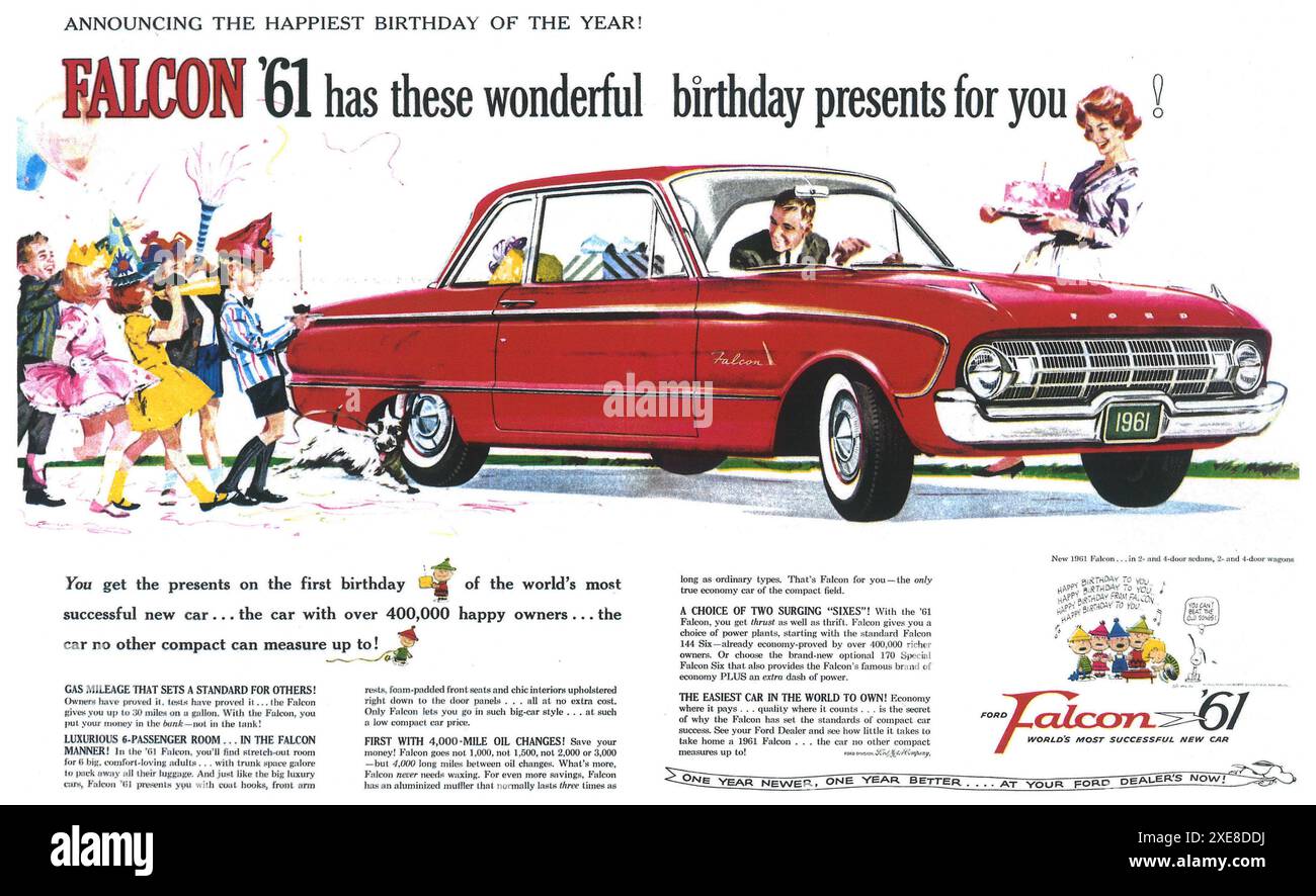 1961 Ford Falcon-Red 2 Door Sedan Ad - Birthday presents Stock Photo ...