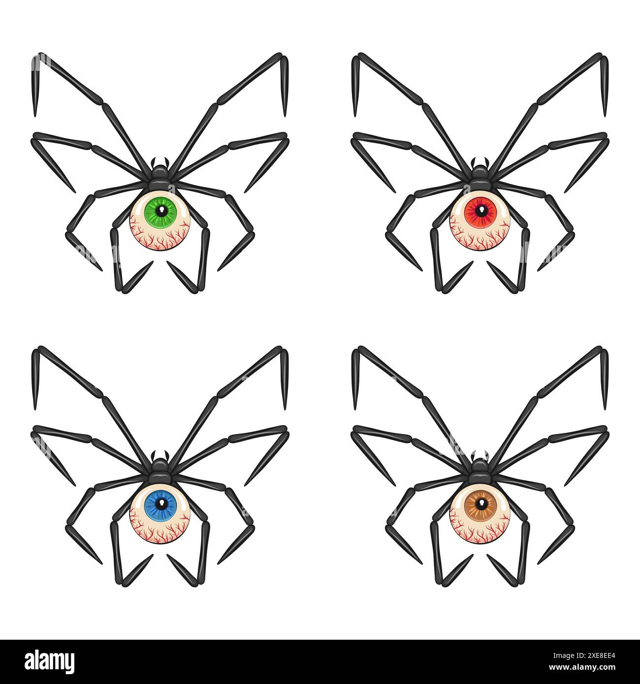 Set of color illustrations with butterfly shaped spider with eye ...