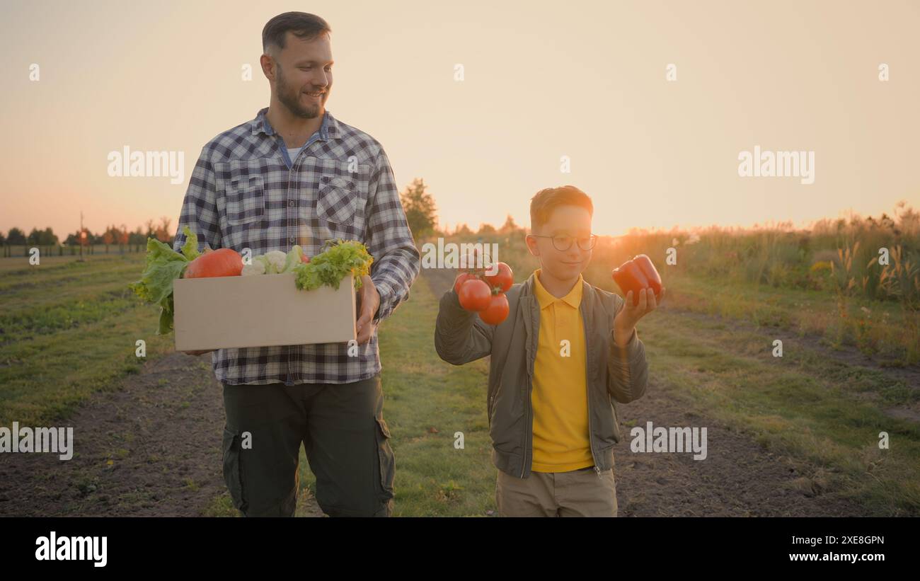 Adorable Caucasian farmer family male man guy father dad carrying ripe ...