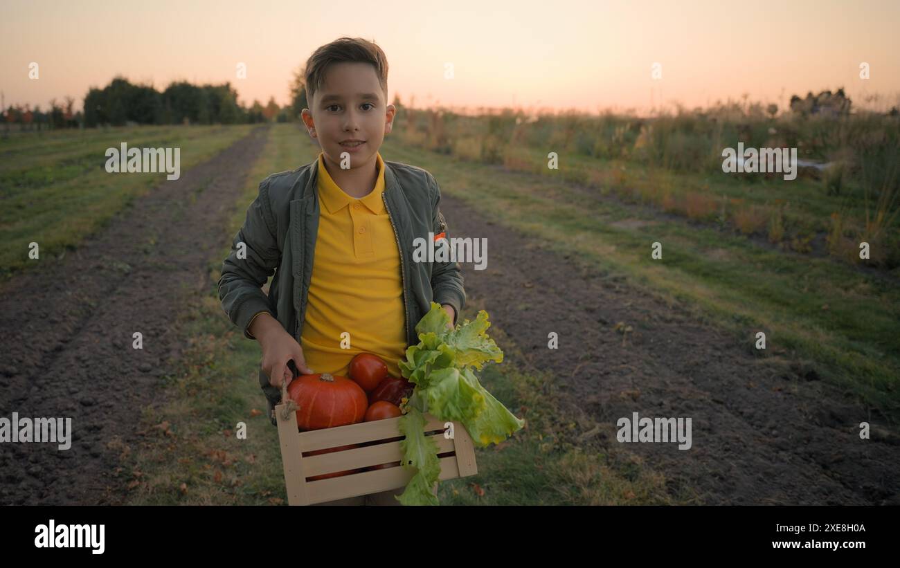 Happy smiling Caucasian kid little boy child farmer son schoolboy ...