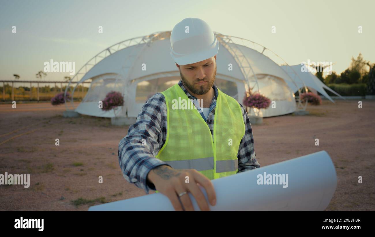 Pensive thoughtful professional Caucasian male man guy uniform engineer ...