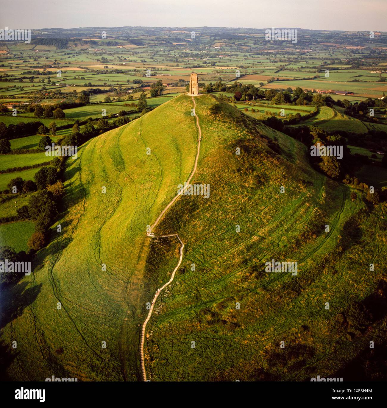 Aerial view of St Michael's Tower on top of Glastonbury Tor, Somerset ...