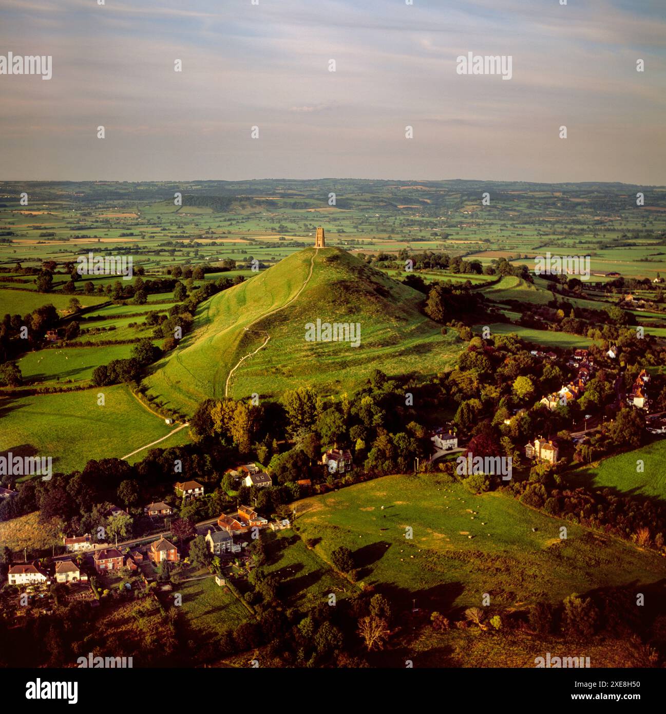 Aerial view of St Michael's Tower on top of Glastonbury Tor, Somerset ...