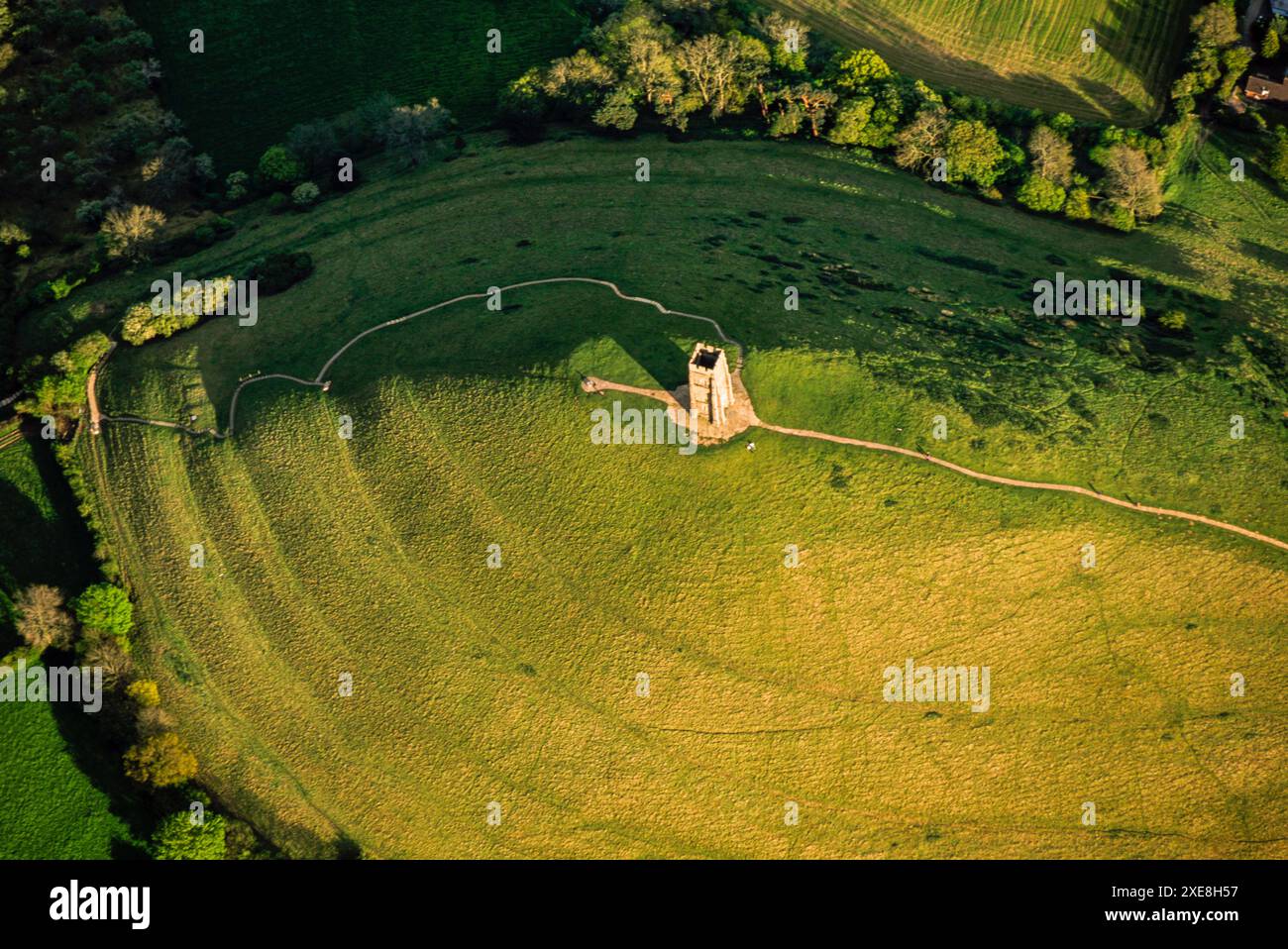 Aerial view of St Michael's Tower on top of Glastonbury Tor, Somerset ...