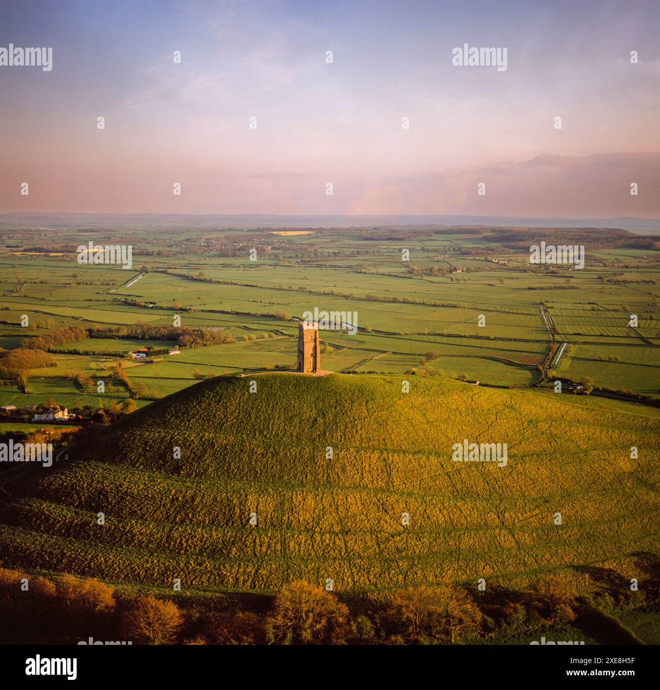 Aerial view of St Michael's Tower on top of Glastonbury Tor, Somerset ...
