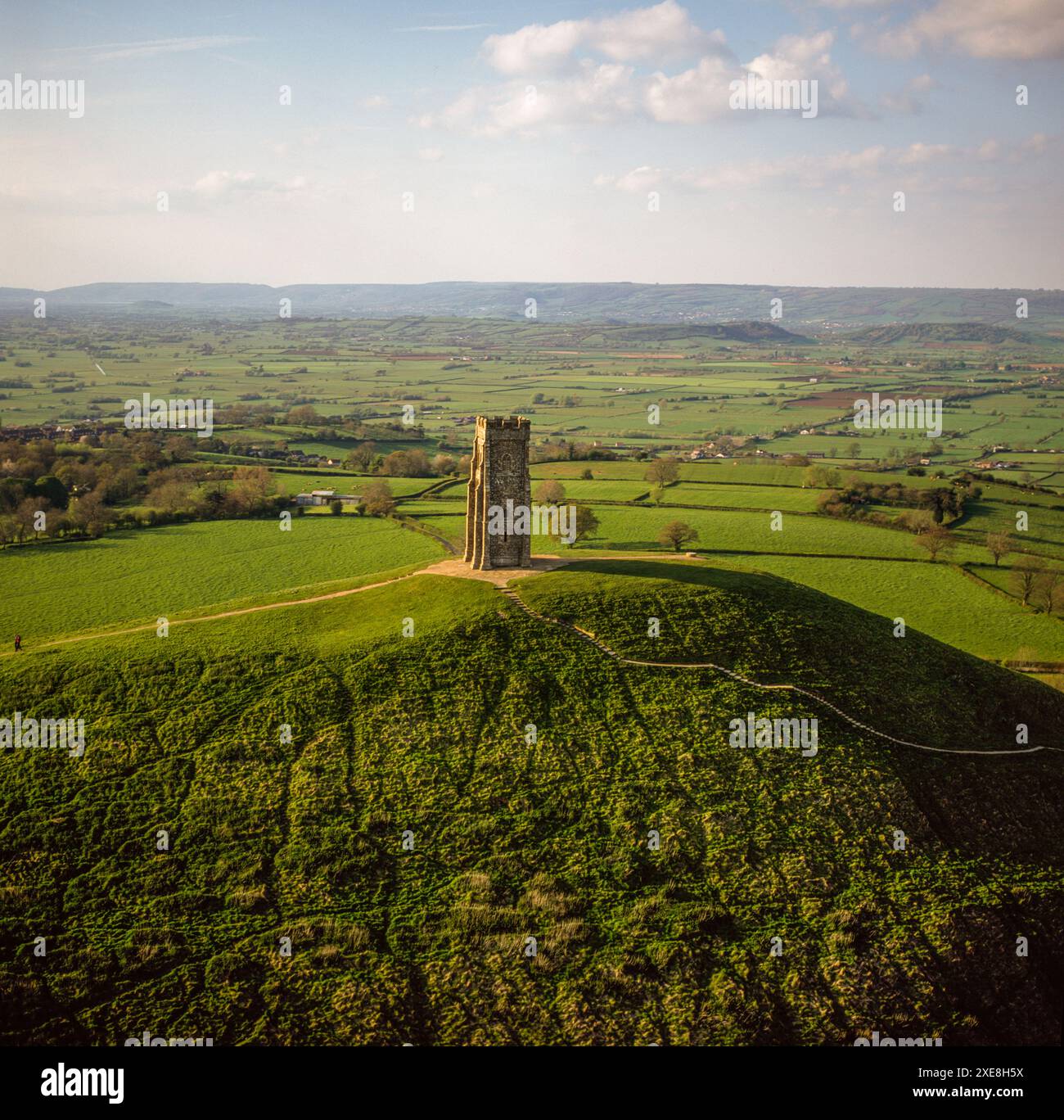 Aerial view of St Michael's Tower on top of Glastonbury Tor, Somerset ...