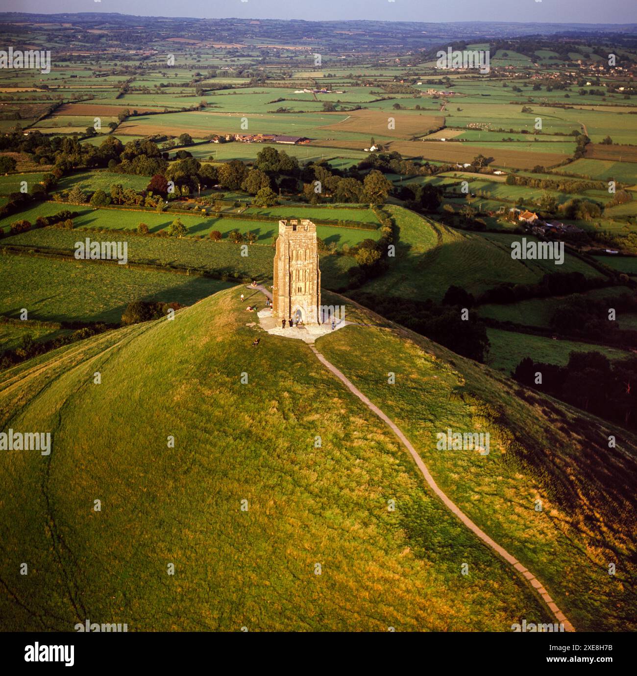 Aerial view of St Michael's Tower on top of Glastonbury Tor, Somerset ...