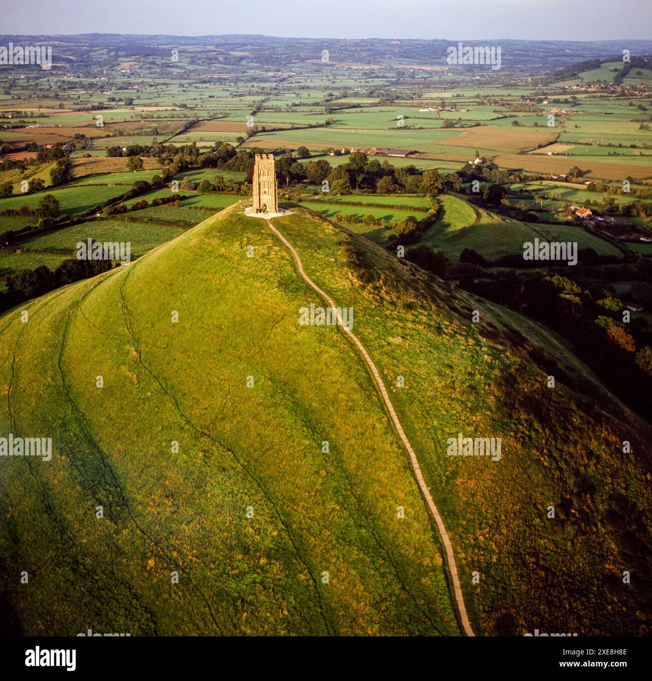 Aerial view of St Michael's Tower on top of Glastonbury Tor, Somerset ...