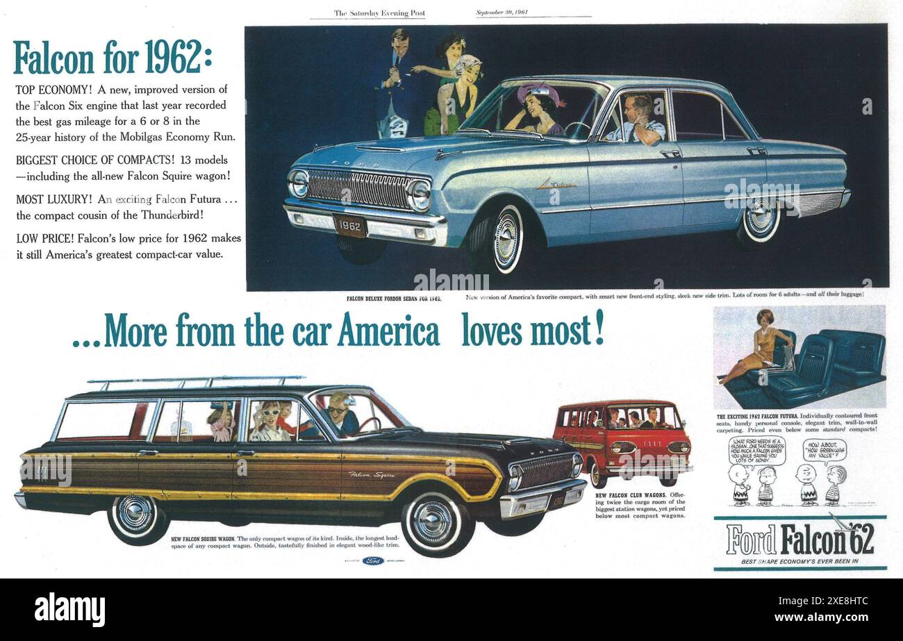 1962 Ford Falcon Sedan And Ford Squire Wagon Ad Stock Photo - Alamy