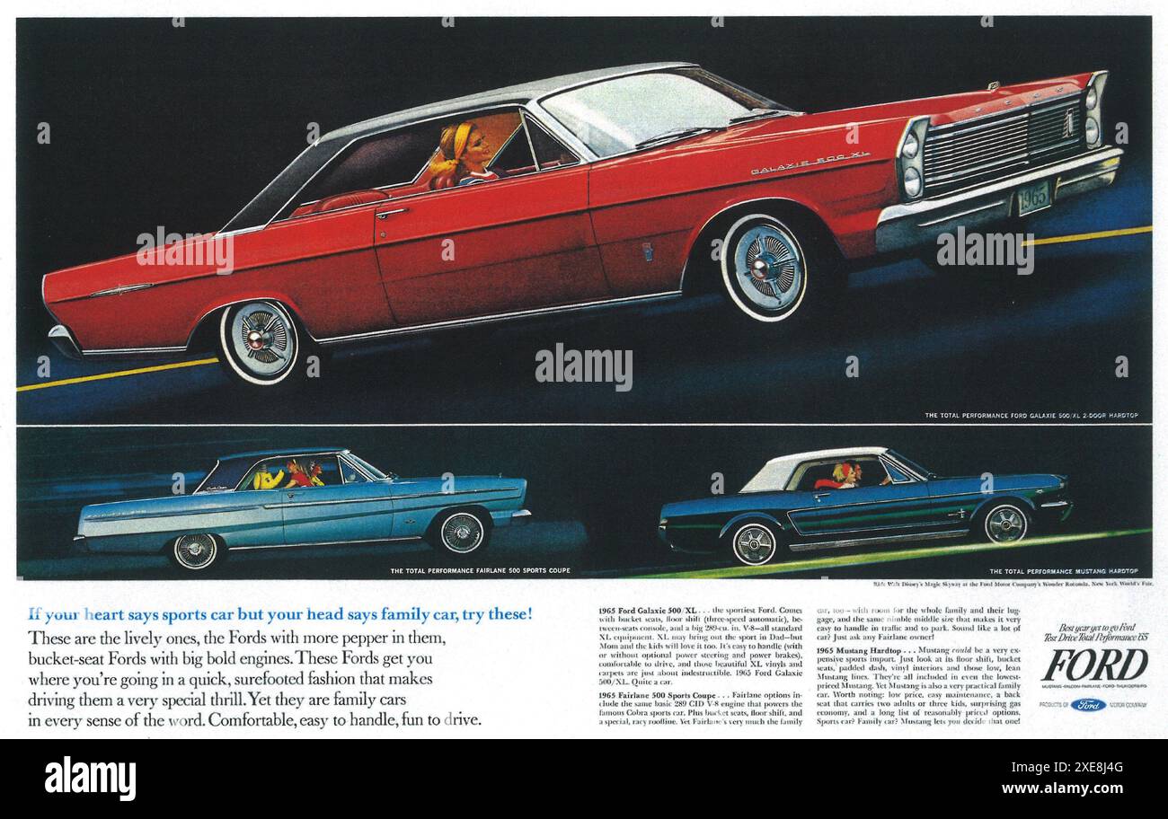1965 Ford Mustang Fairlane 500 Sports Coupe and Galaxie 500 XL ad Stock ...